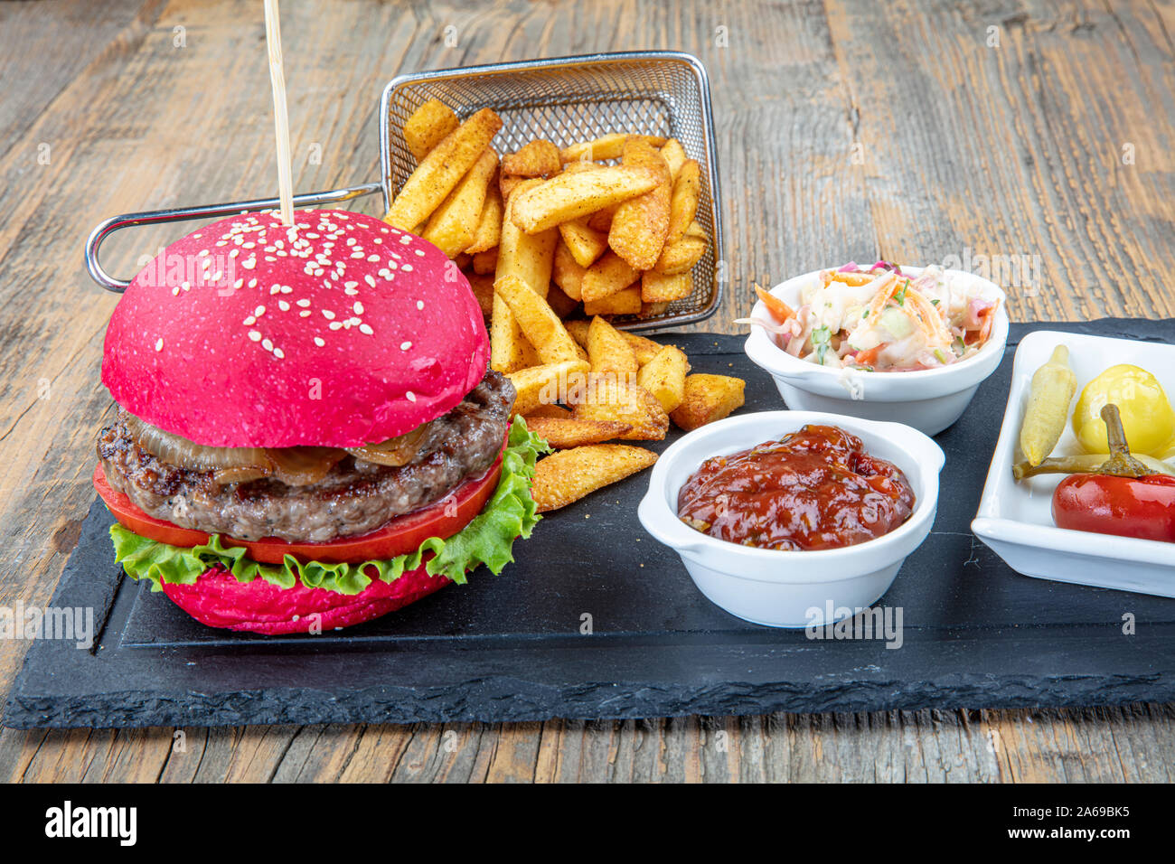 Red bread, burgers. American beefsteak burgers hamburgers pickles ...