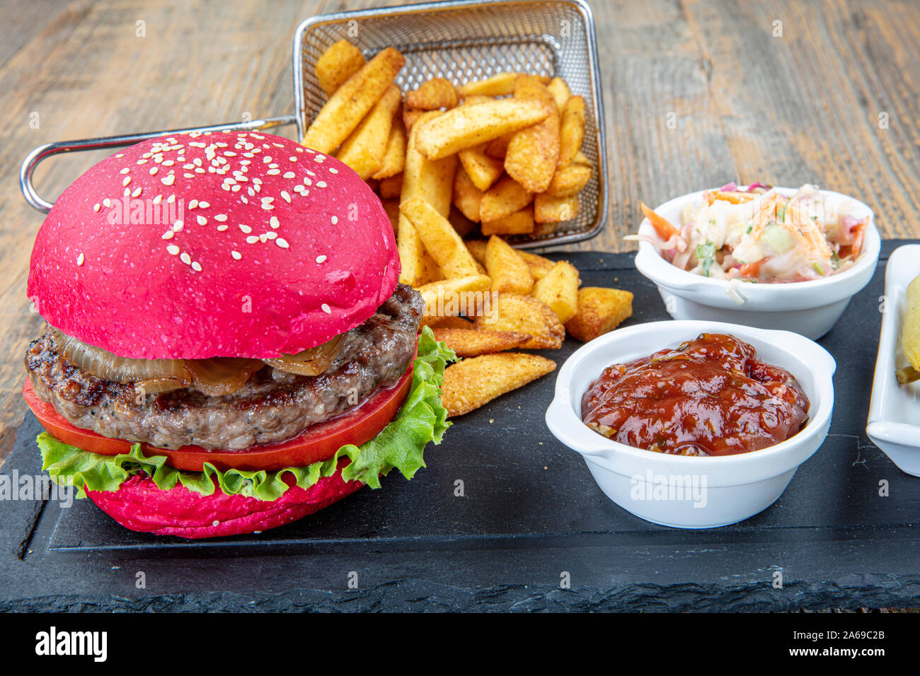 Red bread, burgers. American beefsteak burgers hamburgers pickles ...
