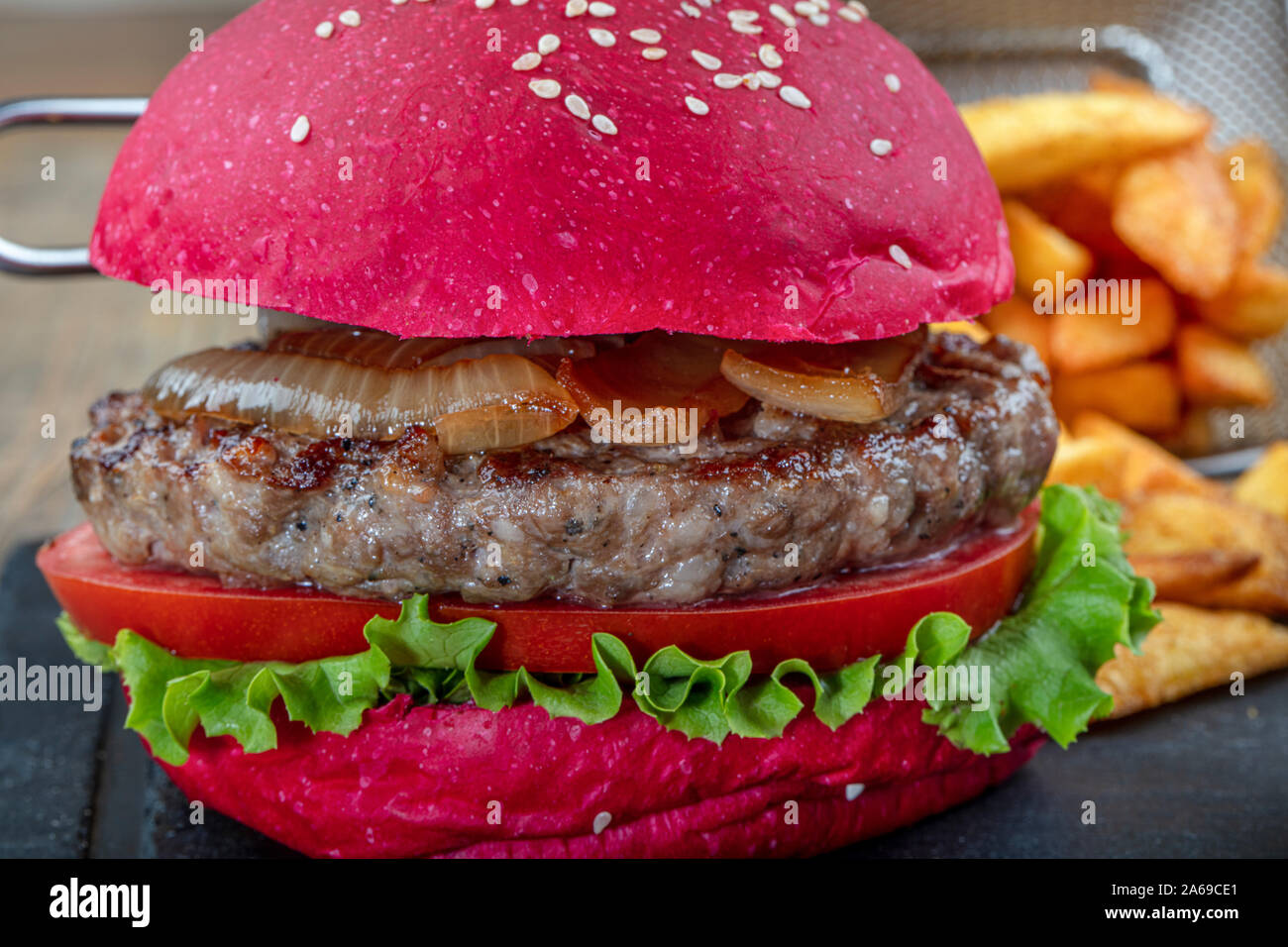 Red bread, burgers. American beefsteak burgers hamburgers pickles ...