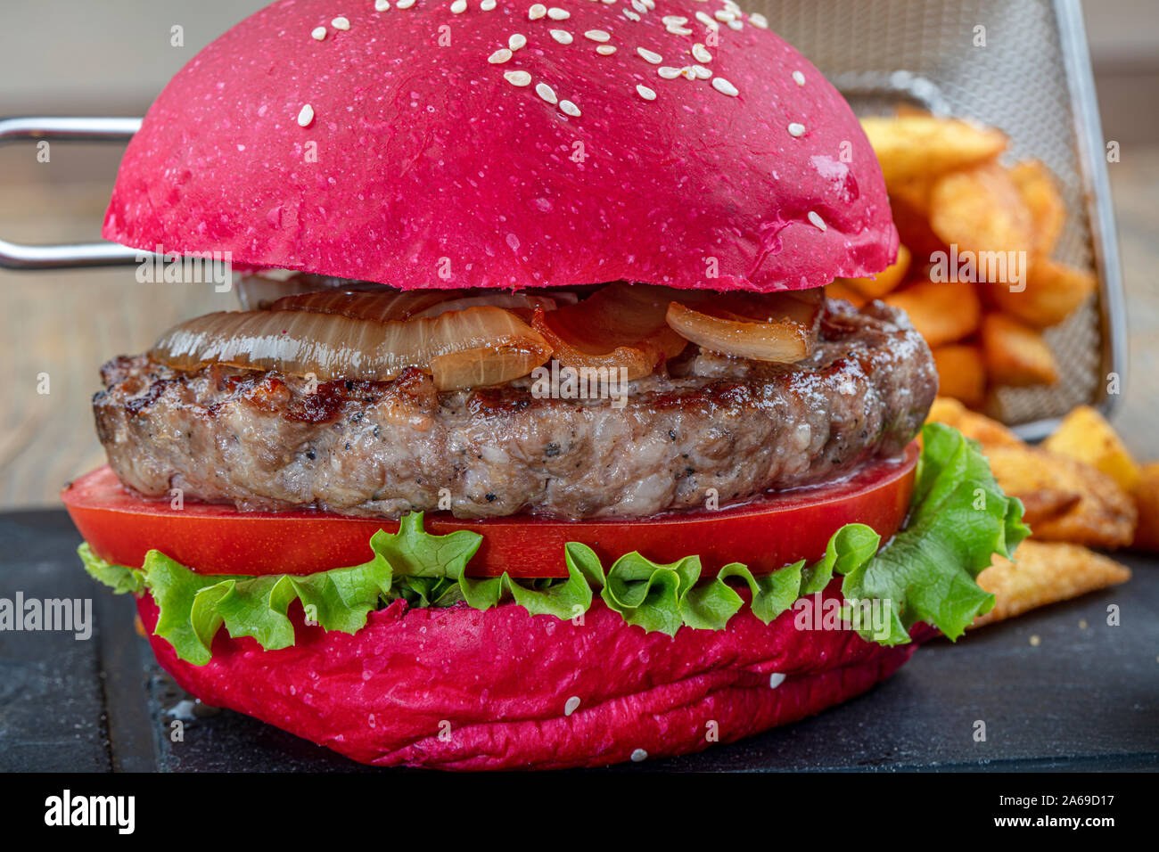 Red bread, burgers. American beefsteak burgers hamburgers pickles ...