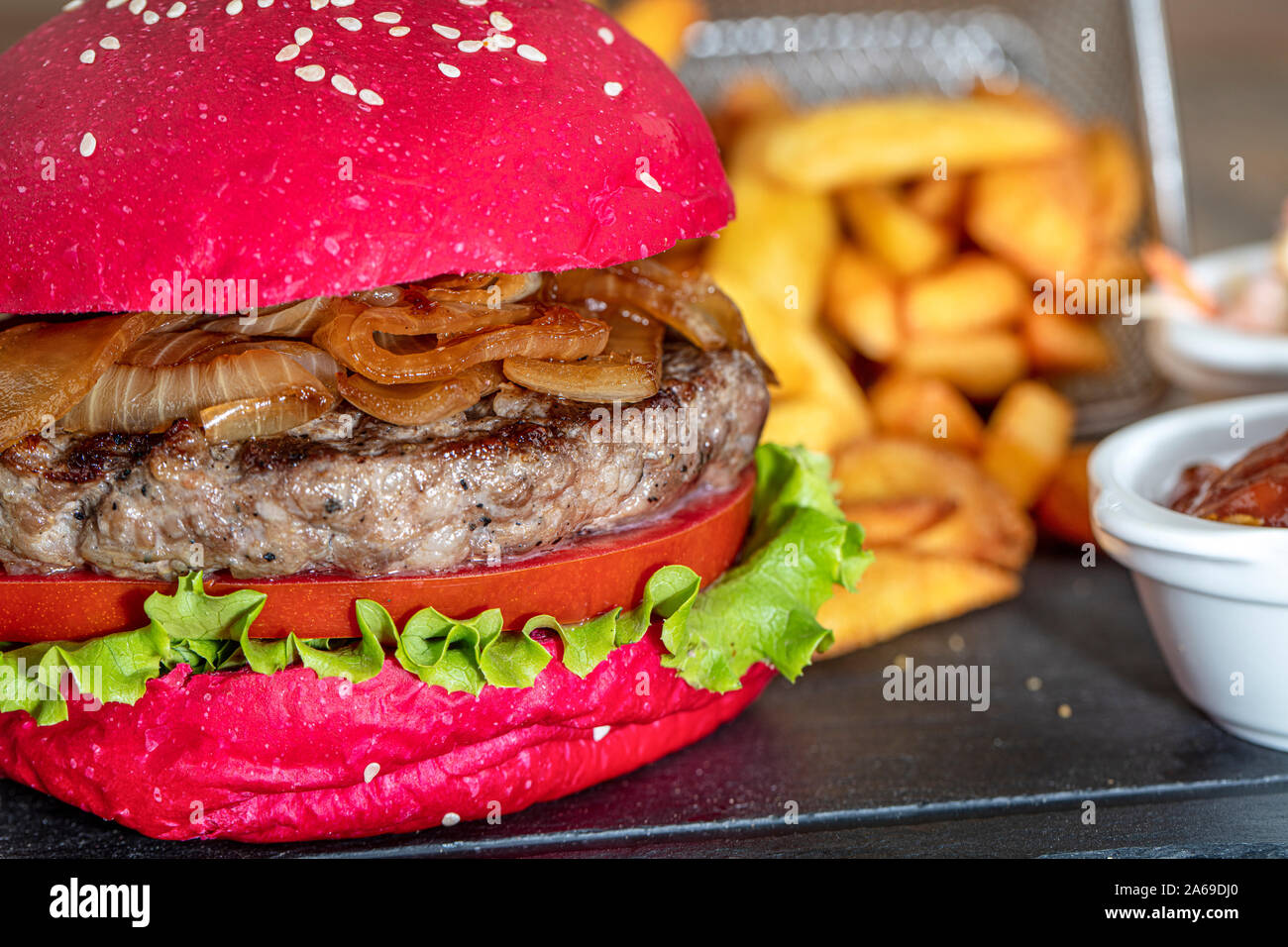 Red bread, burgers. American beefsteak burgers hamburgers pickles ...