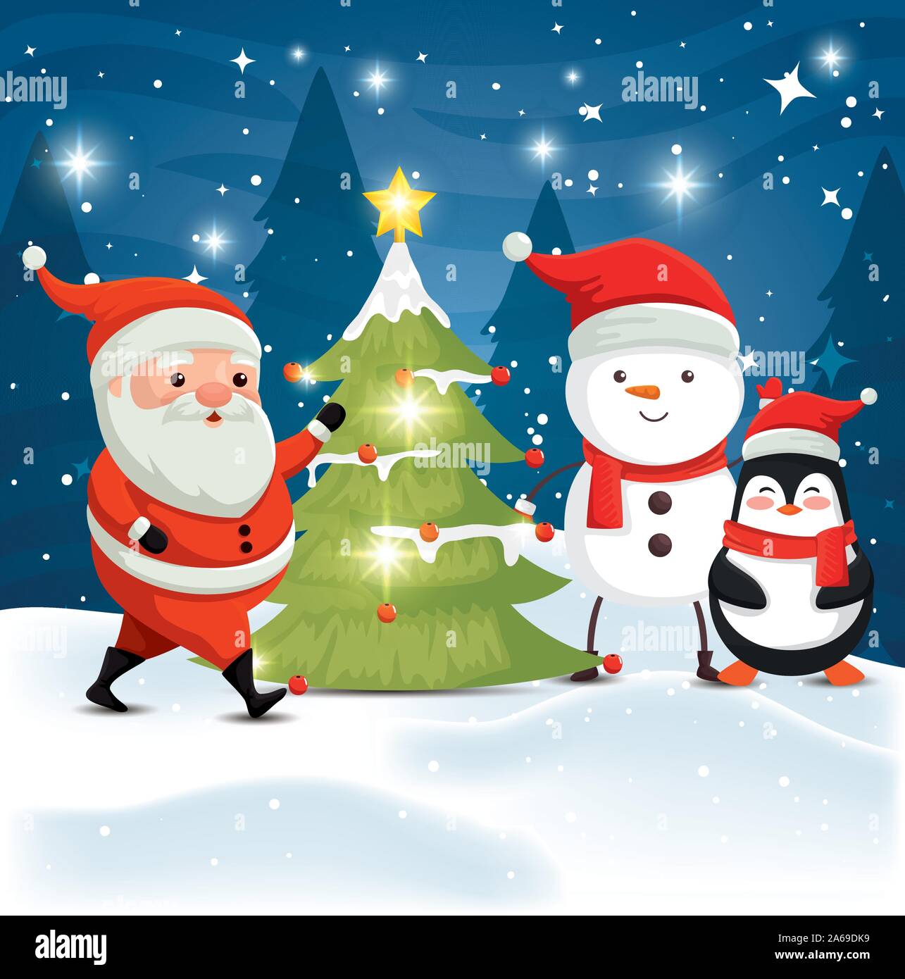 santa claus with characters christmas in winter landscape Stock Vector ...