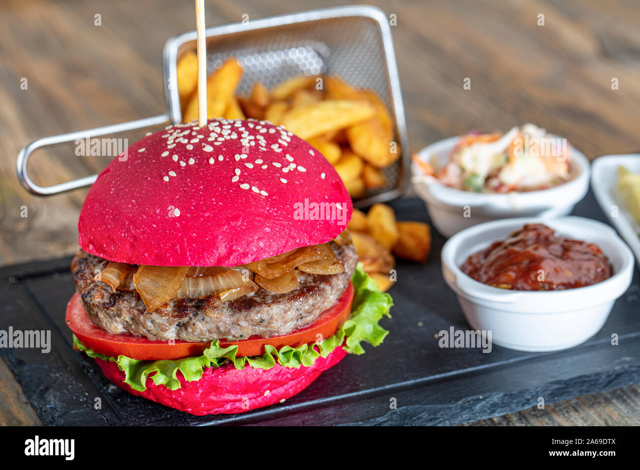 Red bread, burgers. American beefsteak burgers hamburgers pickles ...