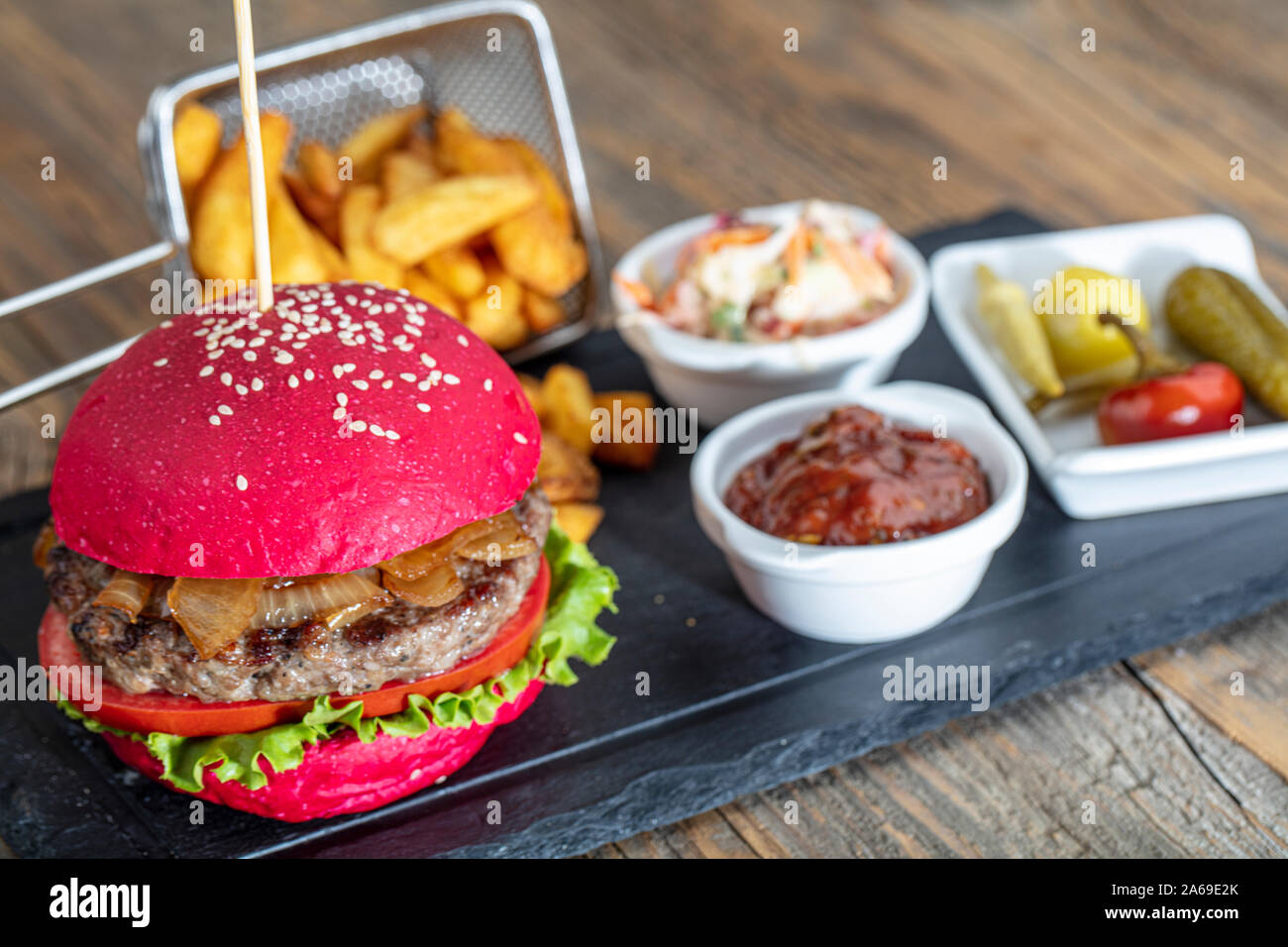 Red bread, burgers. American beefsteak burgers hamburgers pickles ...
