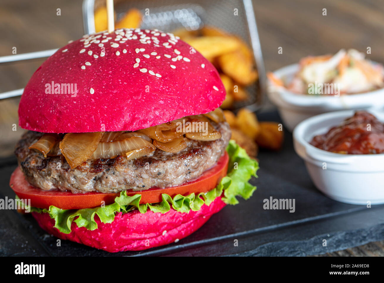 Red bread, burgers. American beefsteak burgers hamburgers pickles ...