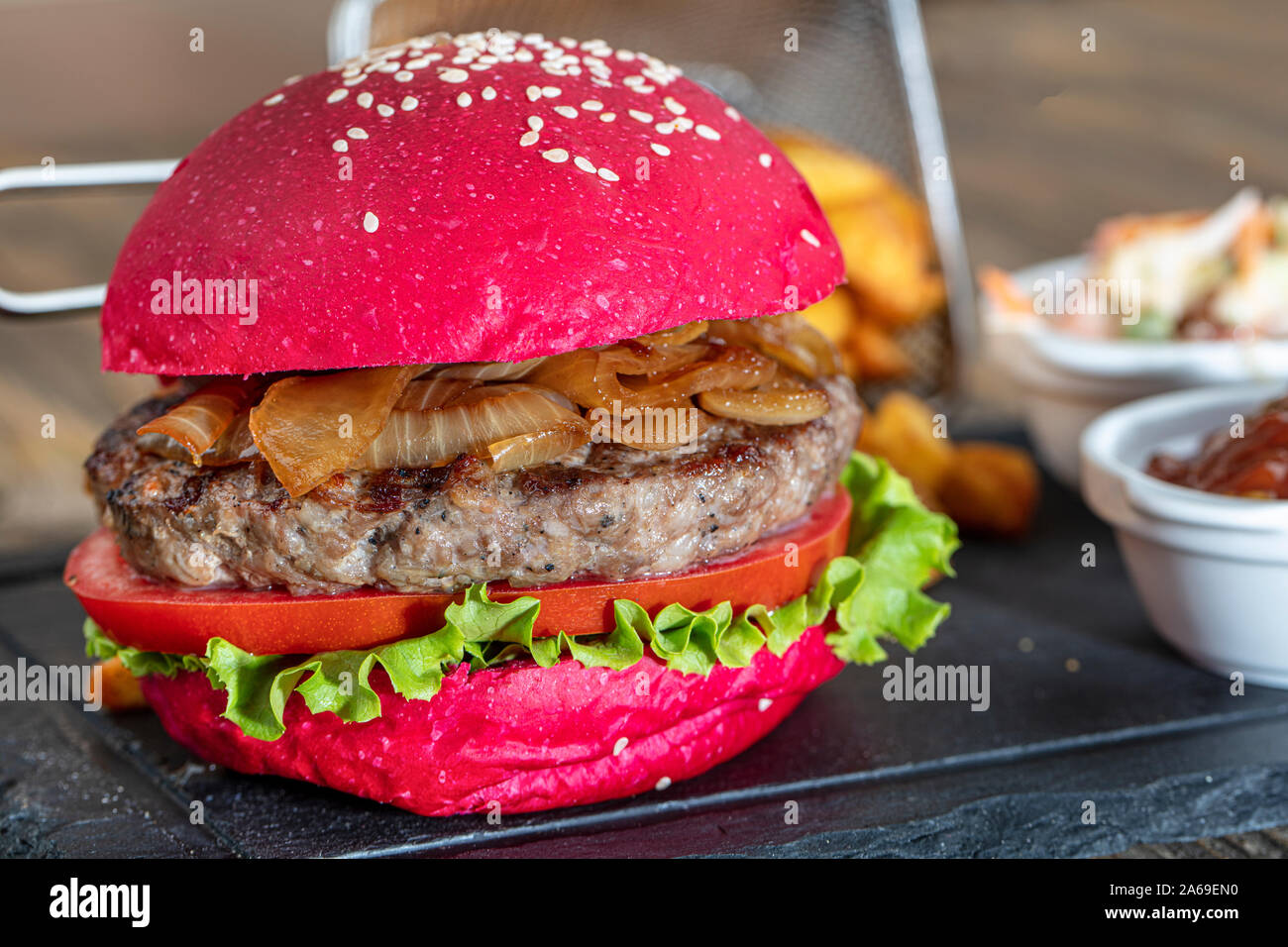 Red bread, burgers. American beefsteak burgers hamburgers pickles ...