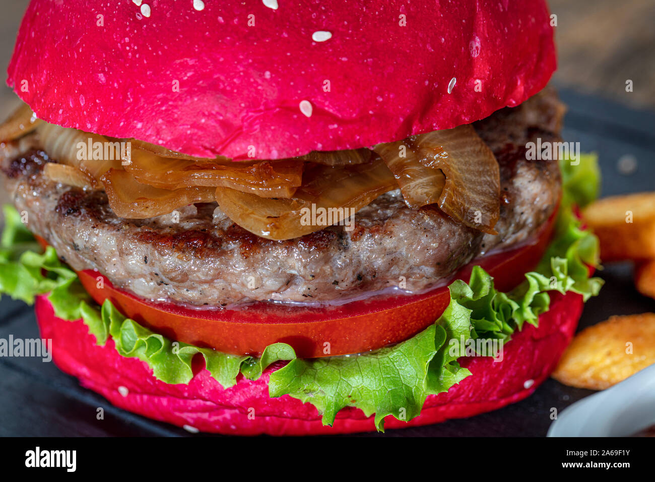 Red bread, burgers. American beefsteak burgers hamburgers pickles ...
