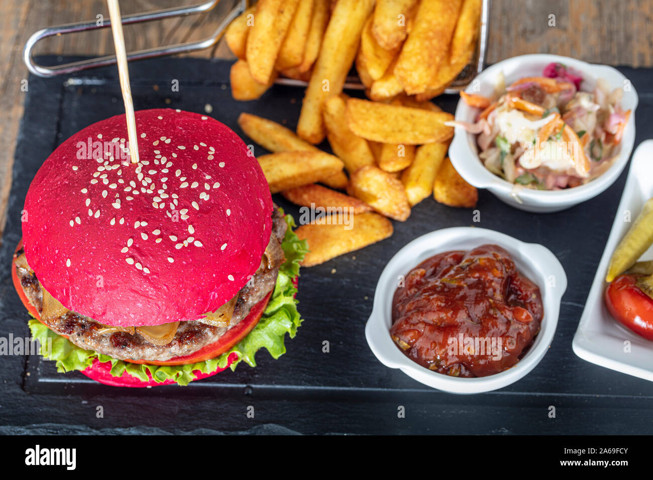 Red bread, burgers. American beefsteak burgers hamburgers pickles ...