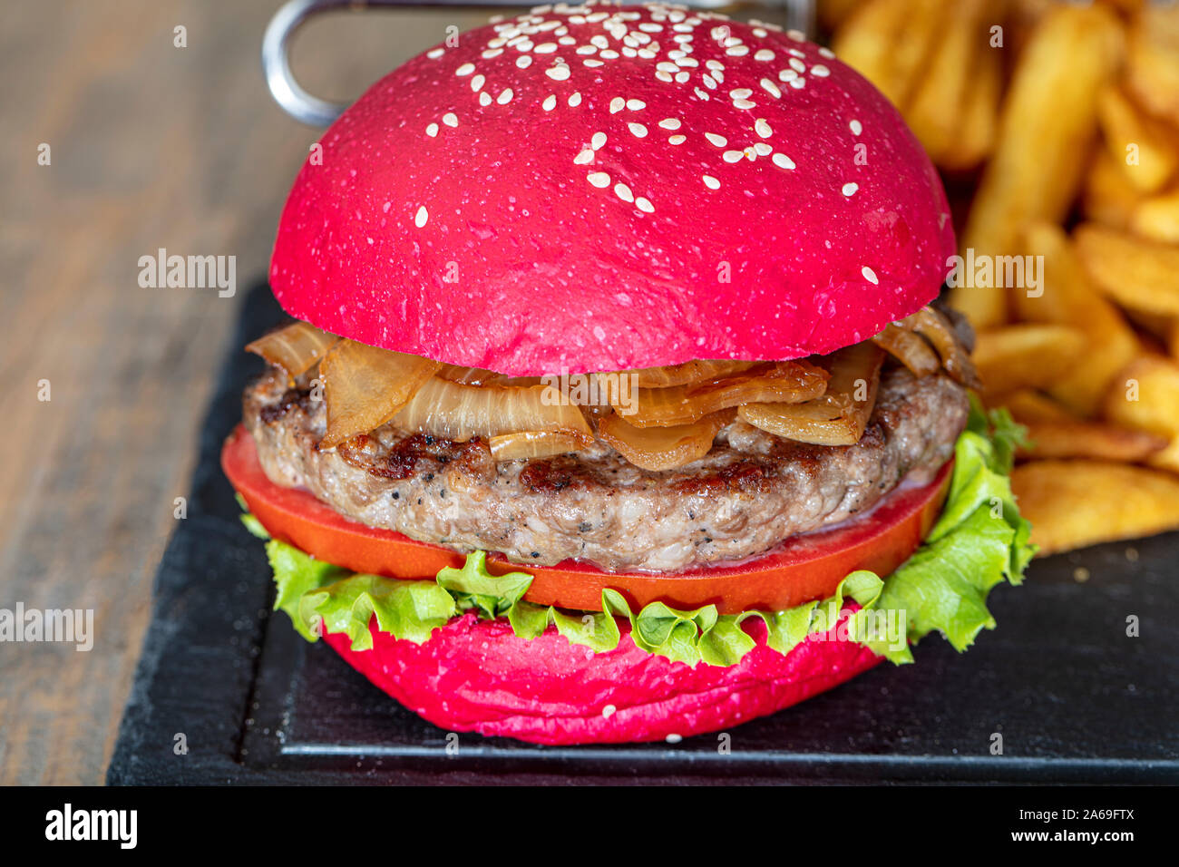 Red bread, burgers. American beefsteak burgers hamburgers pickles ...