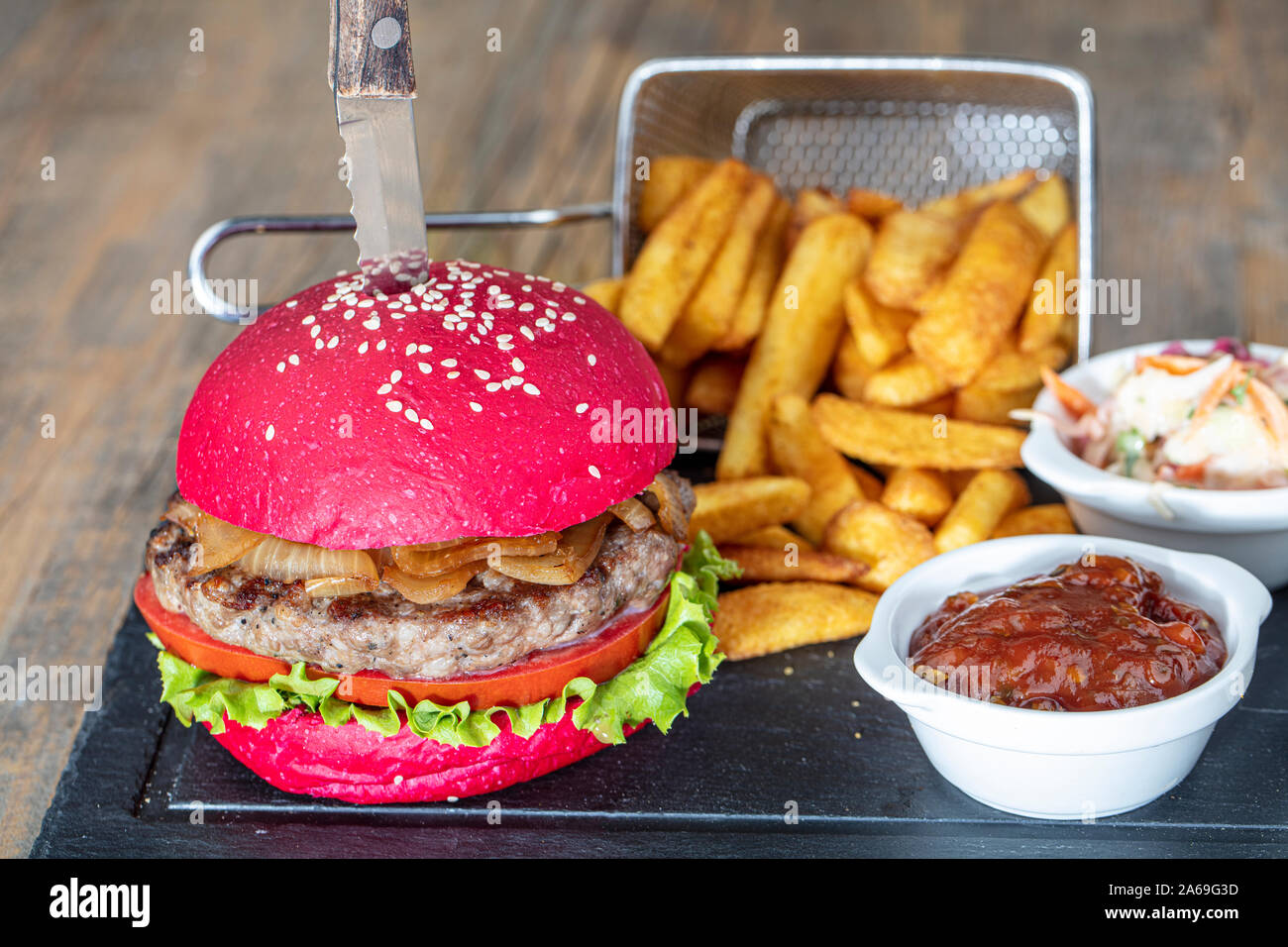 Red bread, burgers. American beefsteak burgers hamburgers pickles ...