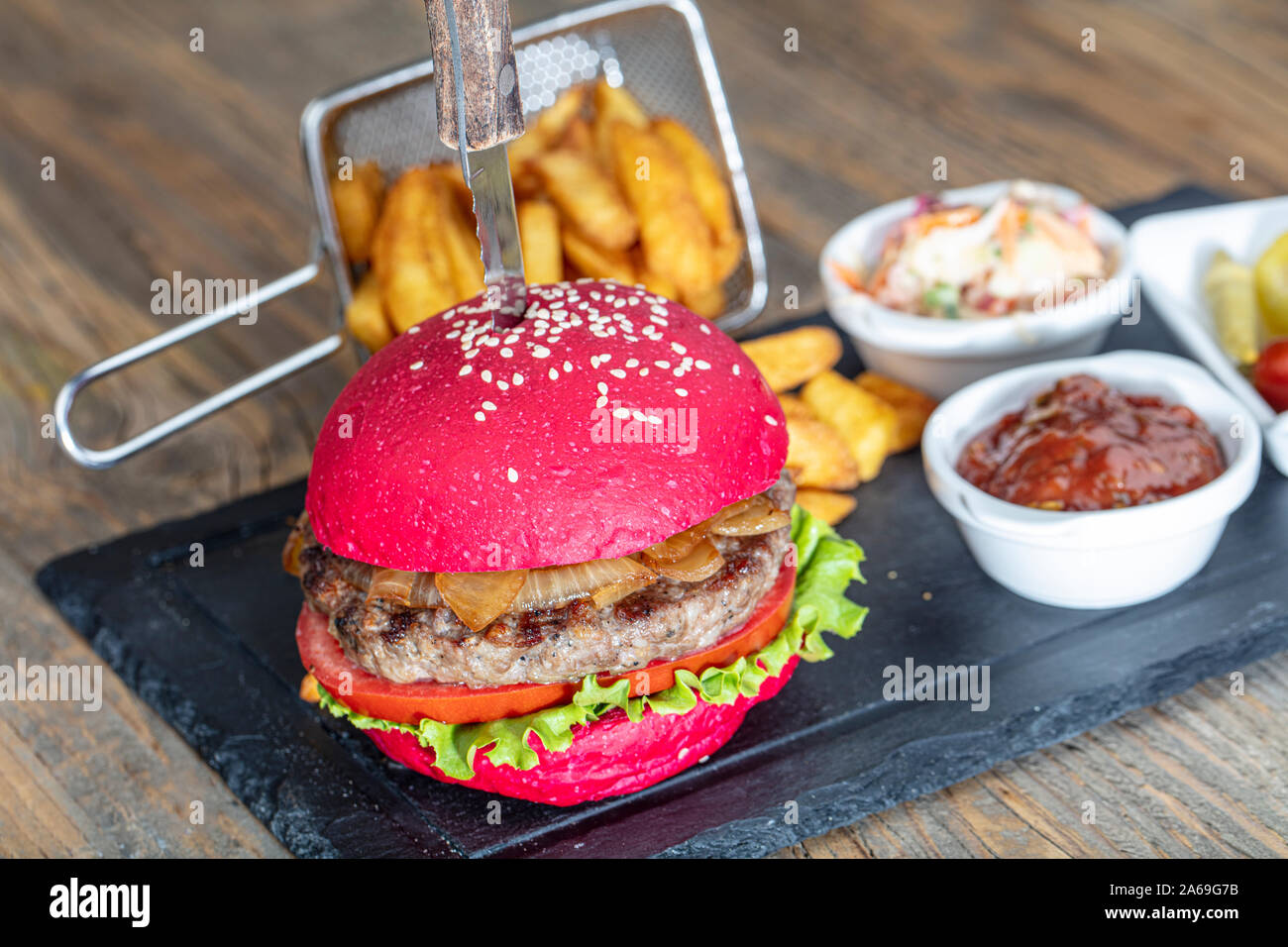 Red bread, burgers. American beefsteak burgers hamburgers pickles ...