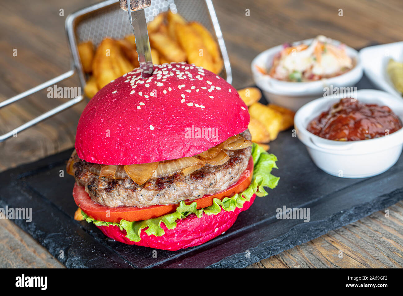 Red bread, burgers. American beefsteak burgers hamburgers pickles ...