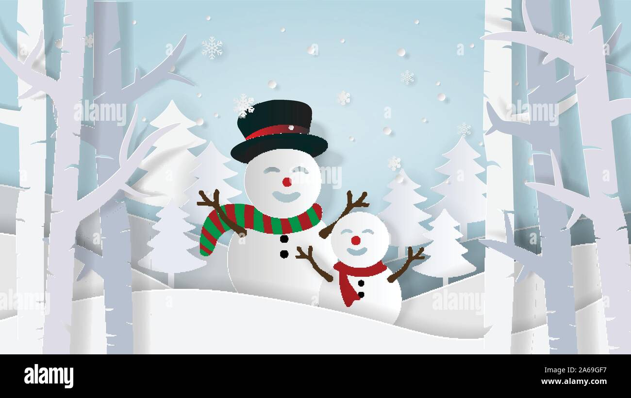 Illustration of Paper art and Craft style, Snowman in pine forest with ...