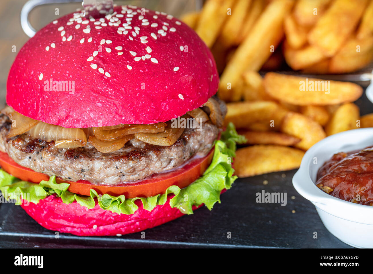 Red bread, burgers. American beefsteak burgers hamburgers pickles ...
