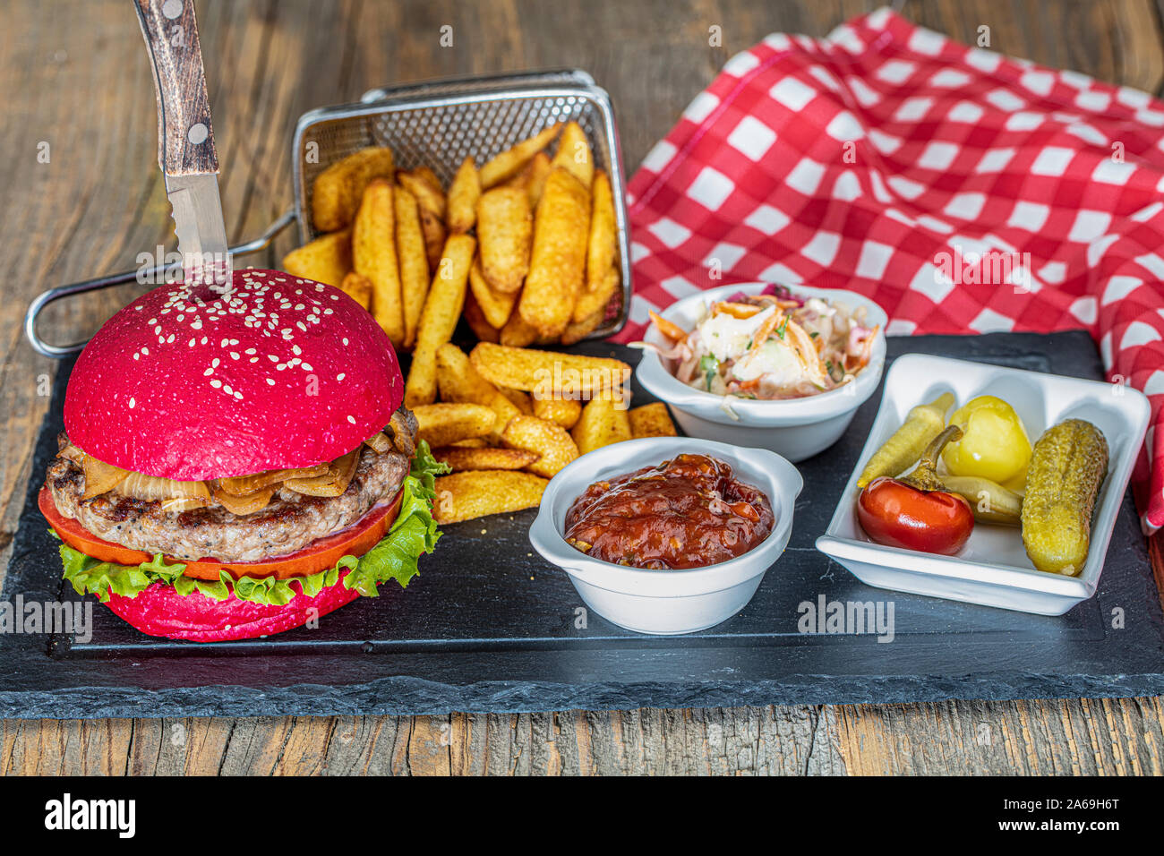 Red bread, burgers. American beefsteak burgers hamburgers pickles ...