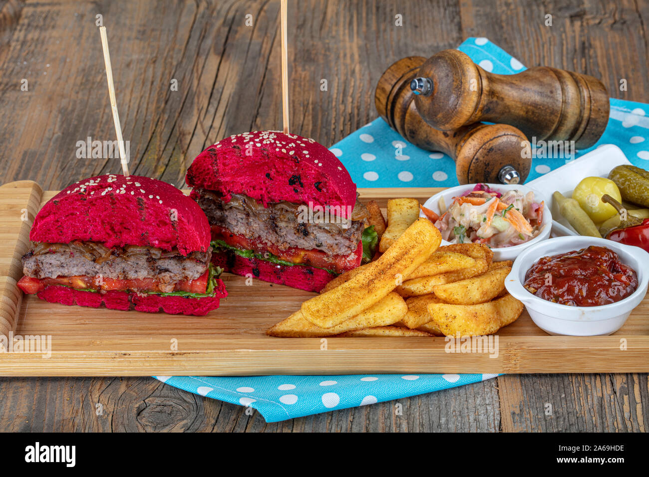 Red bread, burgers. American beefsteak burgers hamburgers pickles ...