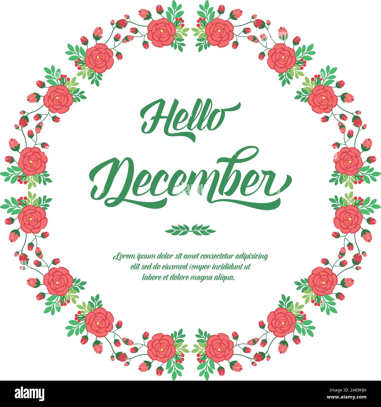 Lettering of card hello december, with beautiful abstract red flower ...
