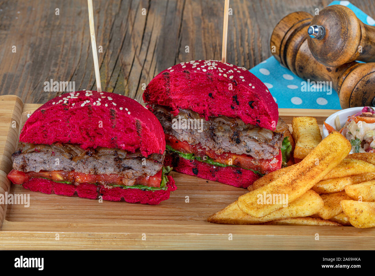 Red bread, burgers. American beefsteak burgers hamburgers pickles ...