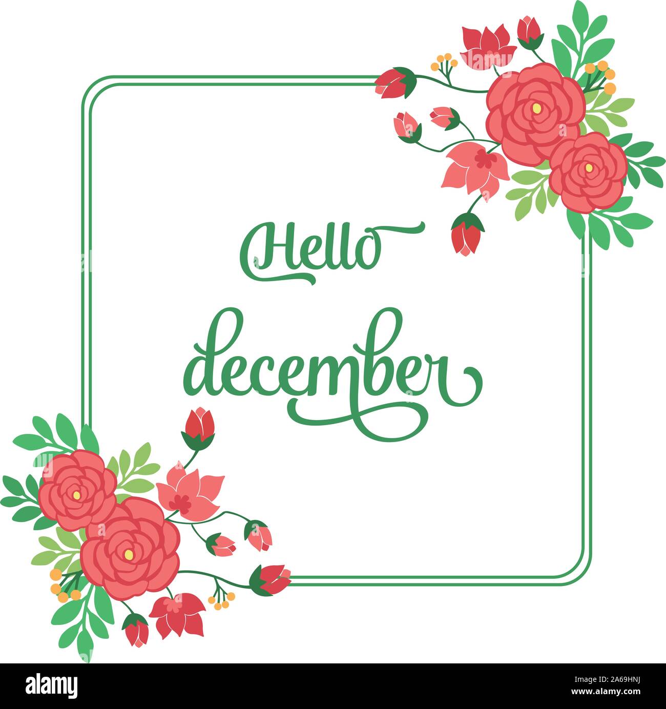 Calligraphy card hello december with abstract red flower frame ...