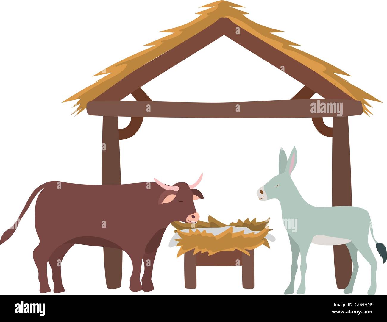 manger ox and mule with cradle in wooden stable Stock Vector Image ...