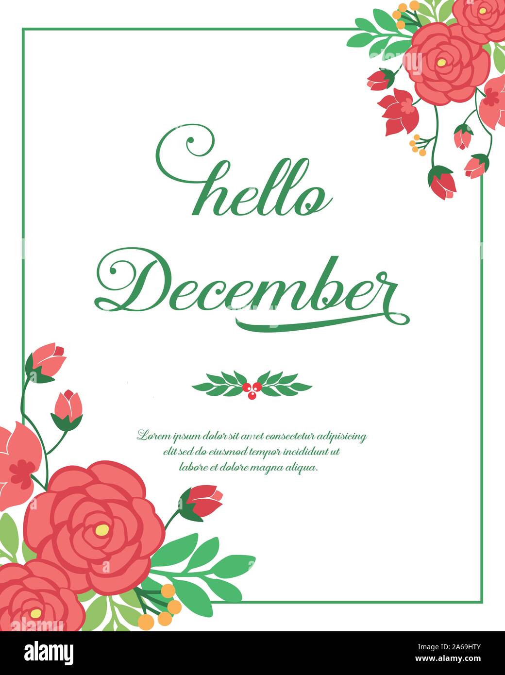 Calligraphy card hello december with abstract red flower frame ...