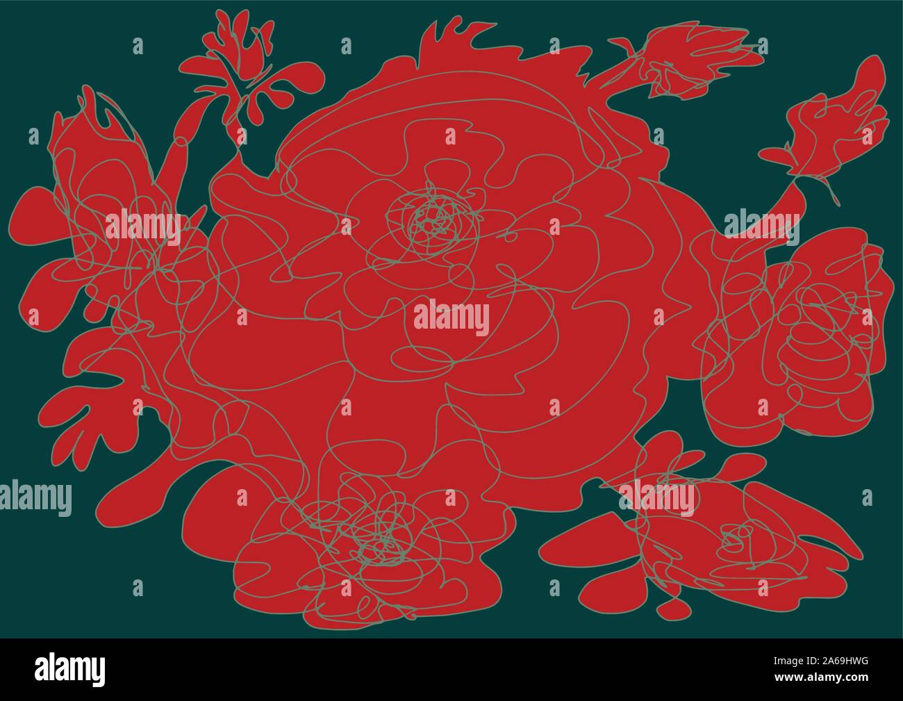 A Red Bouquet of Roses. Abstract decorative hand-drawn artwork with red ...