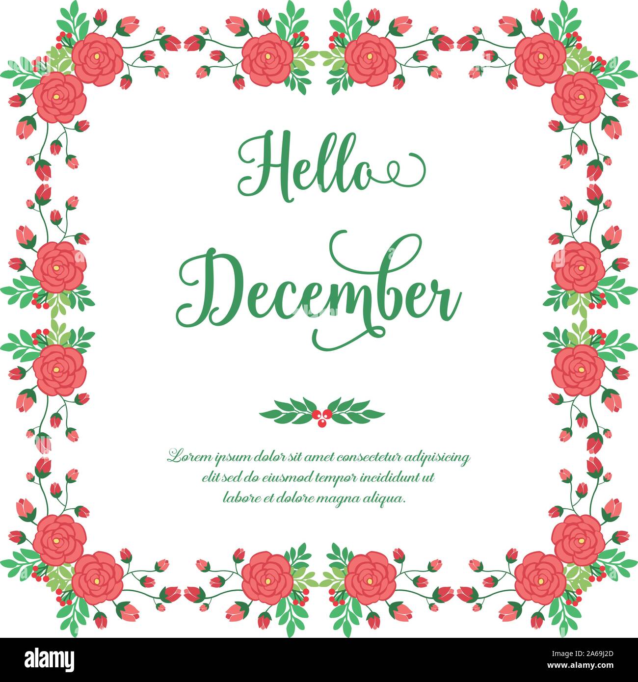 Calligraphy card hello december with abstract red flower frame ...