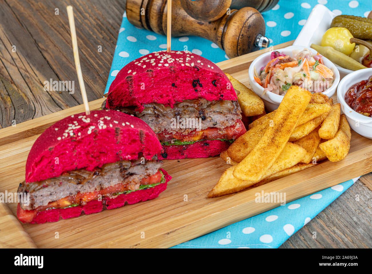 Red bread, burgers. American beefsteak burgers hamburgers pickles ...