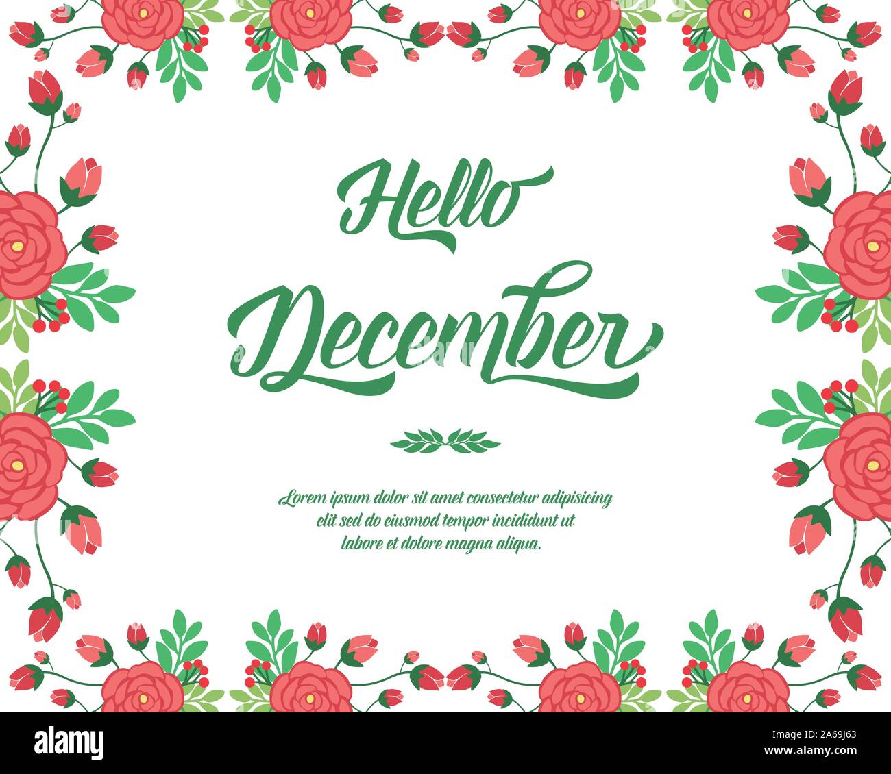 Modern lettering hello december, with drawing plant of red wreath frame ...