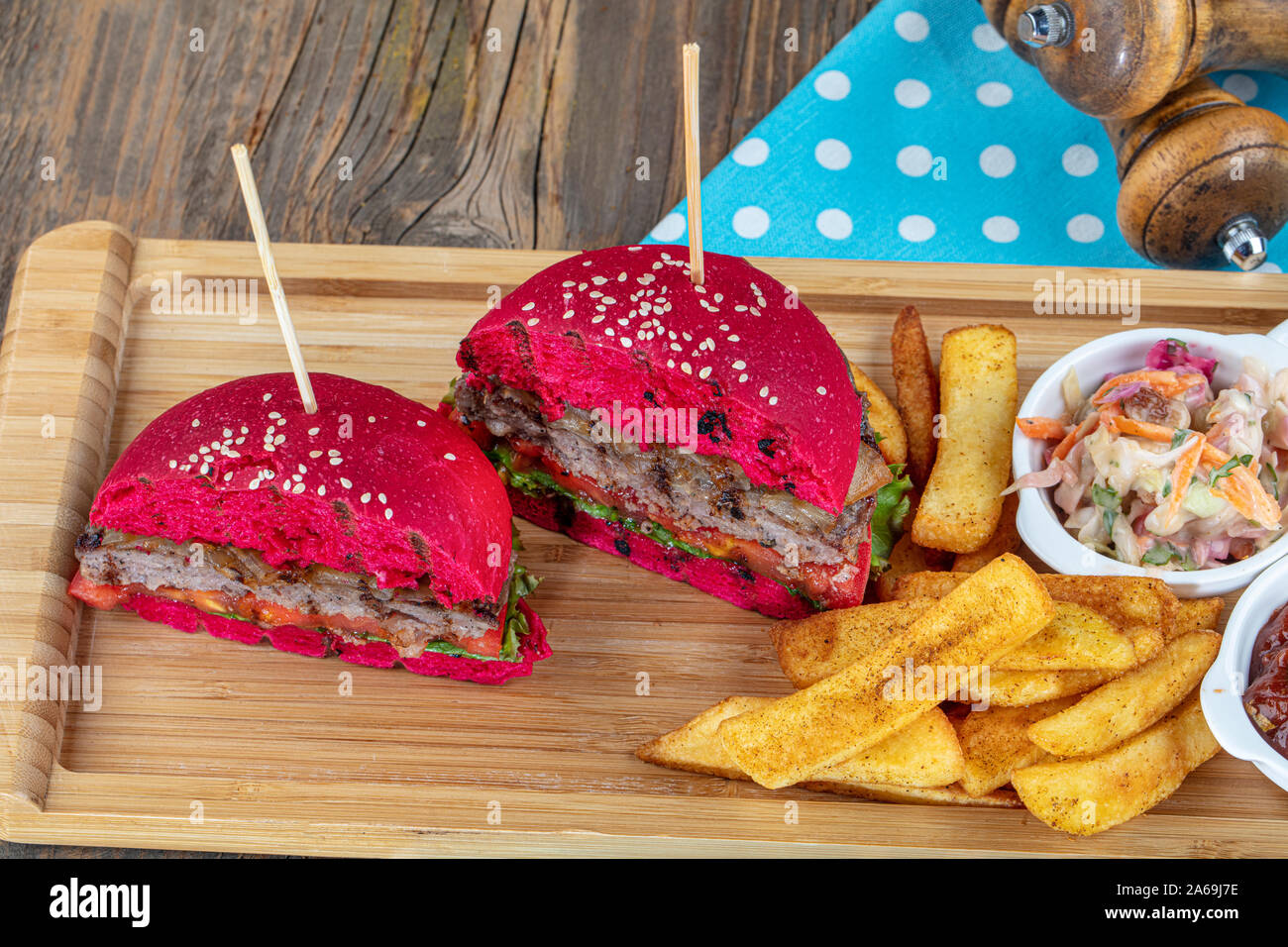 Red bread, burgers. American beefsteak burgers hamburgers pickles ...