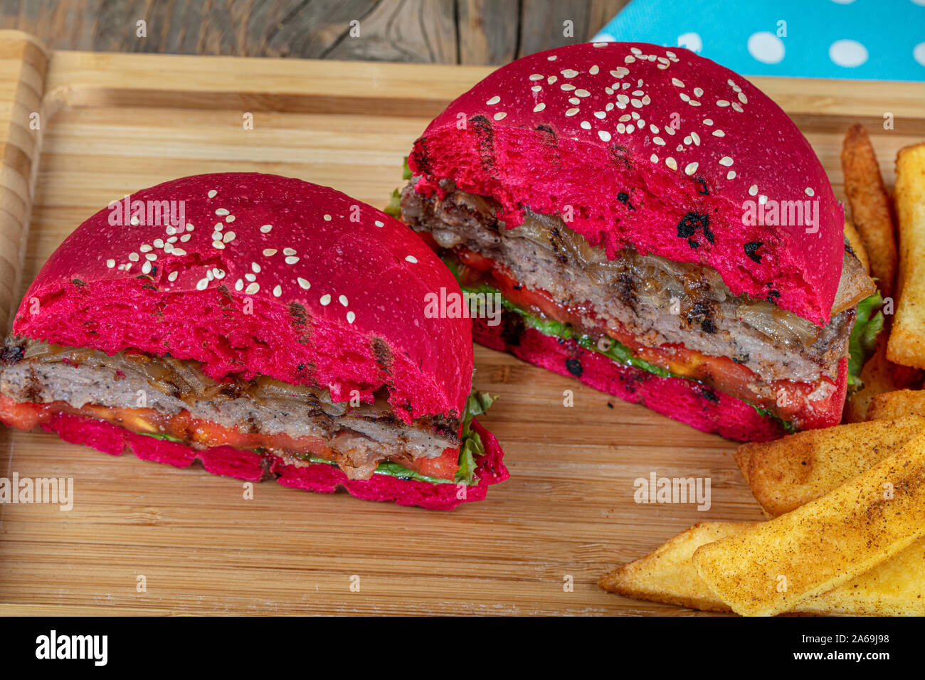Red bread, burgers. American beefsteak burgers hamburgers pickles ...
