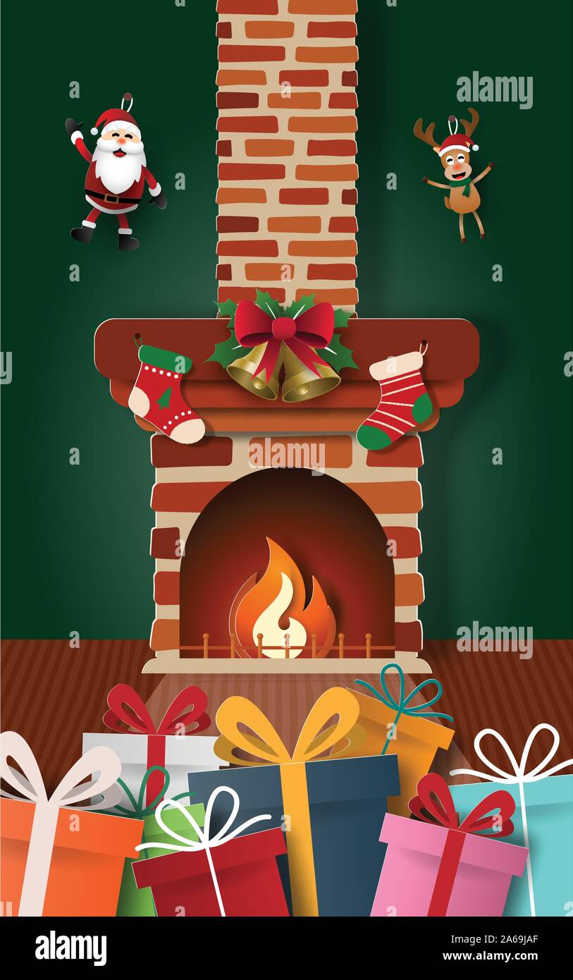 Paper art of Fireplace and Santa Claus gifts in the home, Merry ...