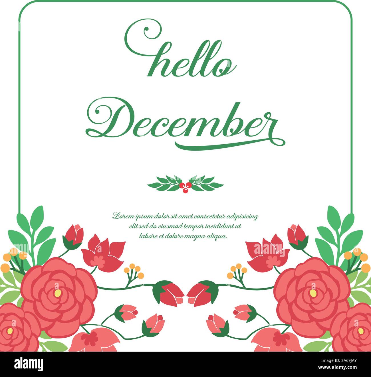 Modern lettering hello december, with drawing plant of red wreath frame ...