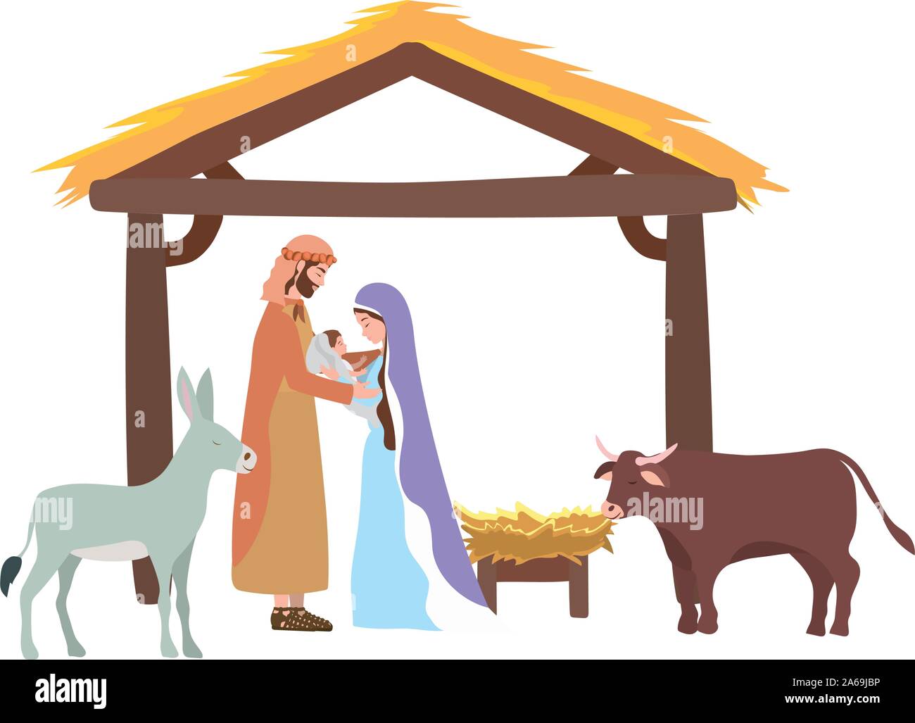 cute holy family and animals in stable manger characters Stock Vector ...