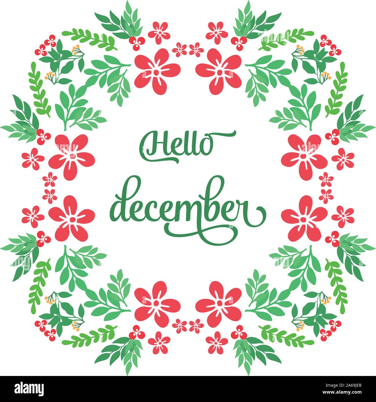 Sketch lettering hello december, with art of vintage red floral frame ...