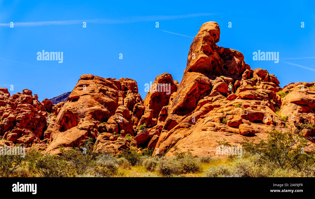 The erratic red Aztec Sandstone formation near the Arch Rock Campground ...