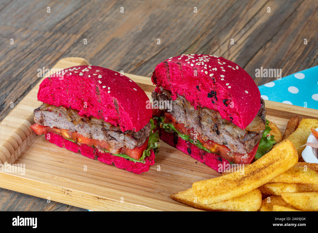 Red bread, burgers. American beefsteak burgers hamburgers pickles ...