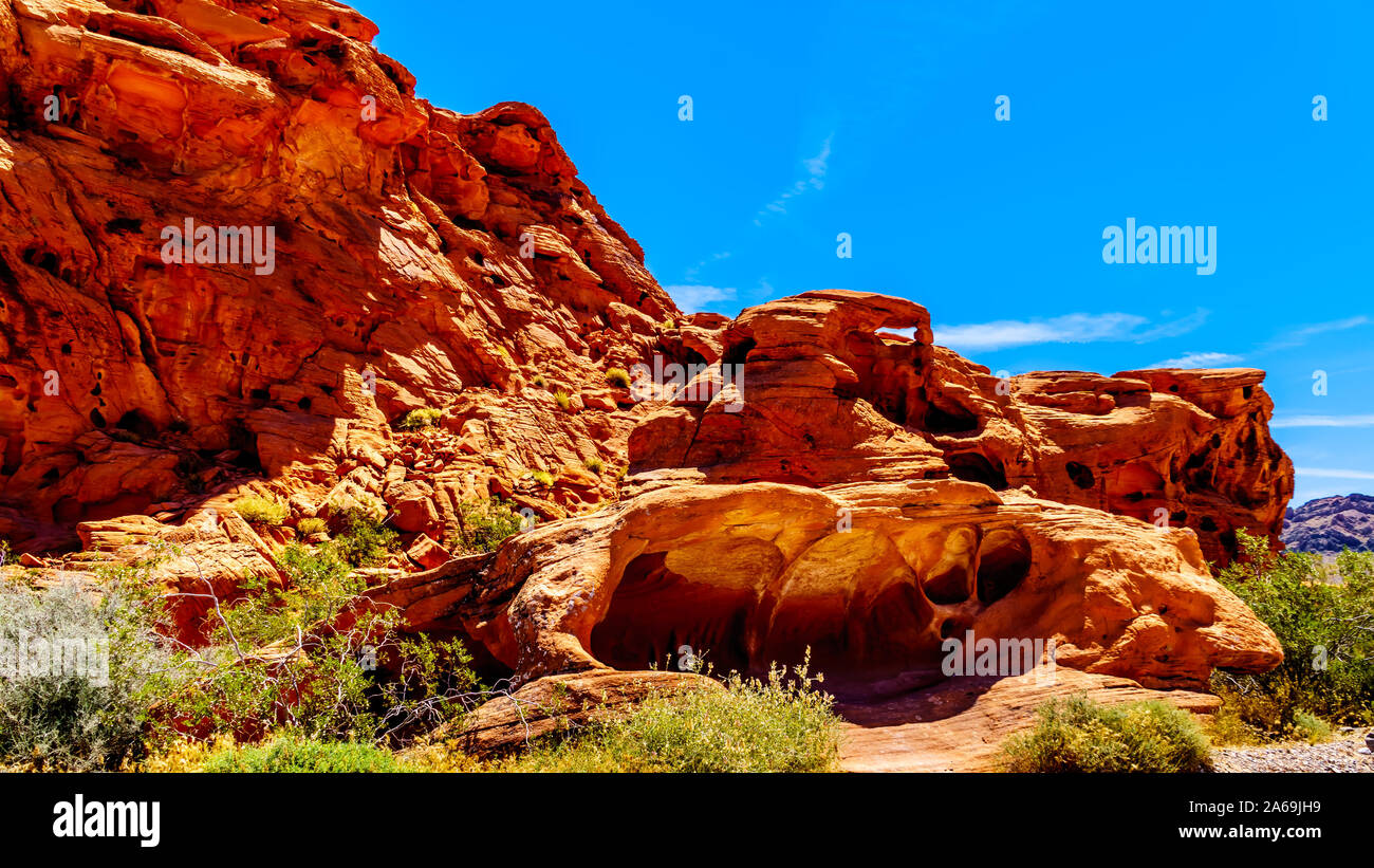 The erratic red Aztec Sandstone formation near the Arch Rock Campground ...