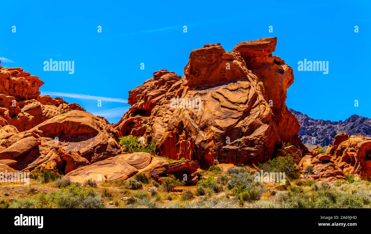 The erratic red Aztec Sandstone formation near the Arch Rock Campground ...