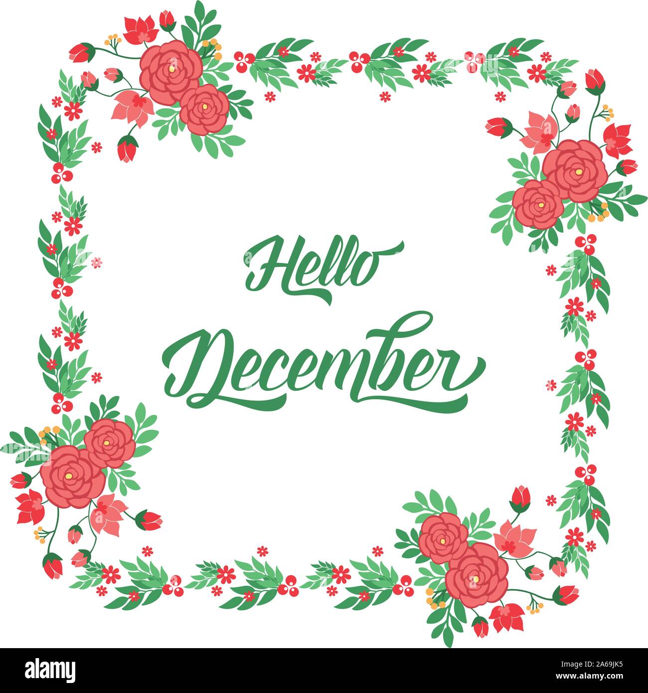 Sketch lettering hello december, with art of vintage red floral frame ...