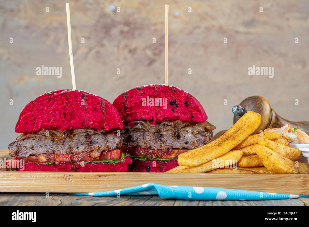 Red bread, burgers. American beefsteak burgers hamburgers pickles ...