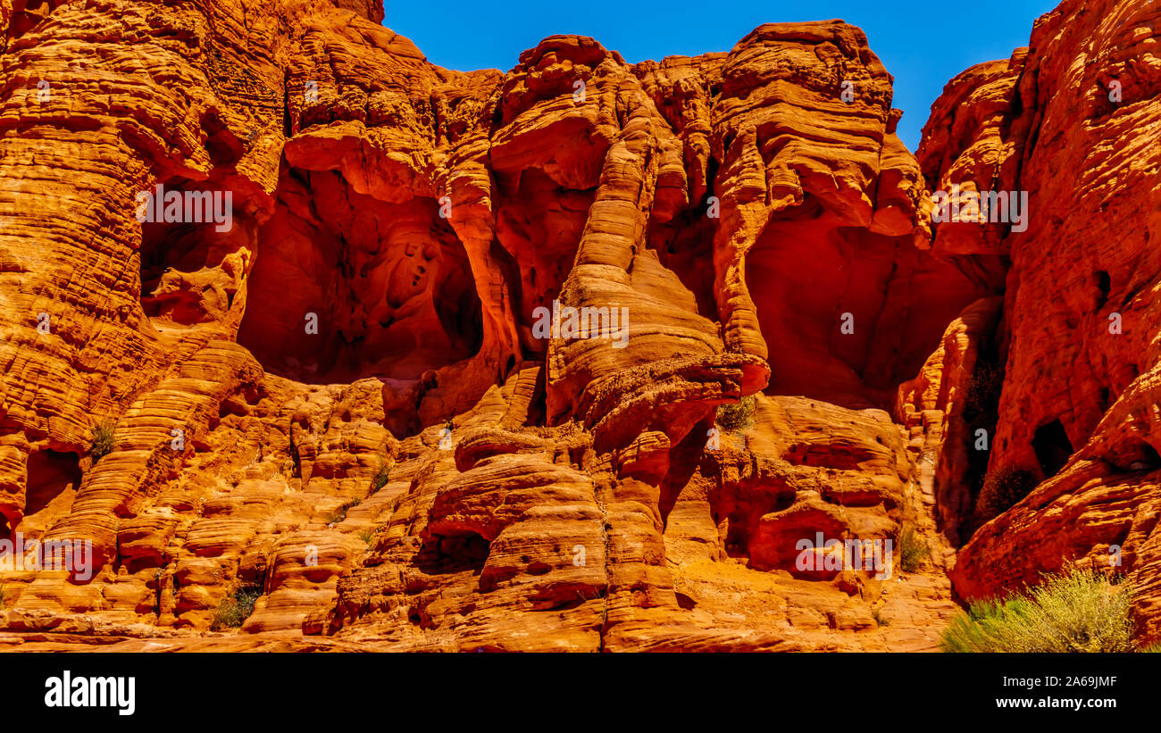 The erratic red Aztec Sandstone formation near the Arch Rock Campground ...