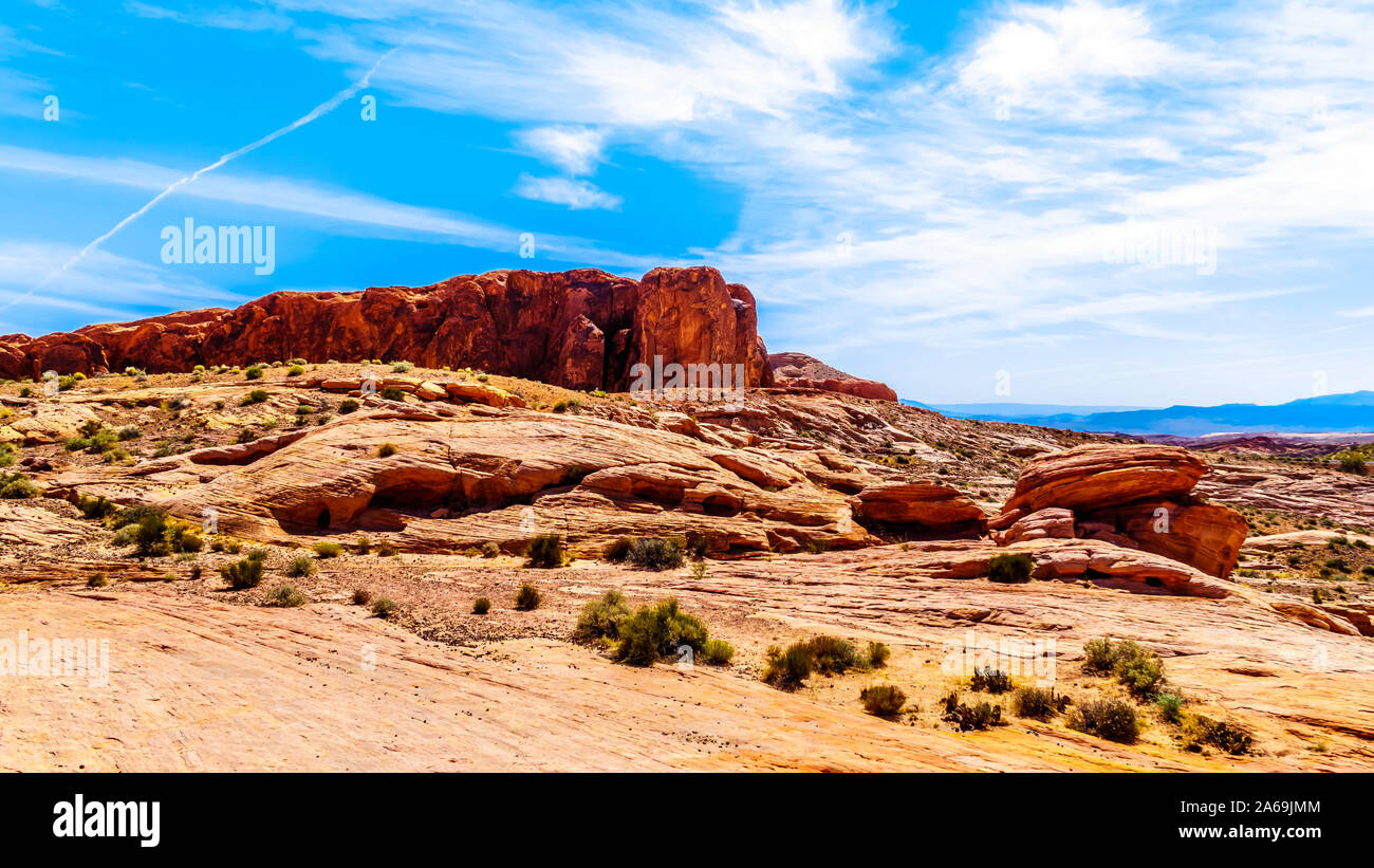 The colorful red, yellow and white banded rock formations along the ...