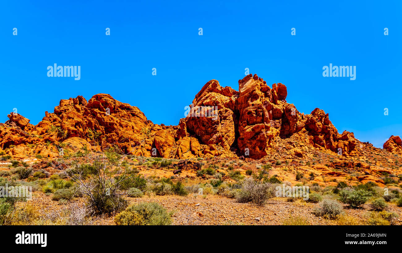 The erratic red Aztec Sandstone formation near the Arch Rock Campground ...