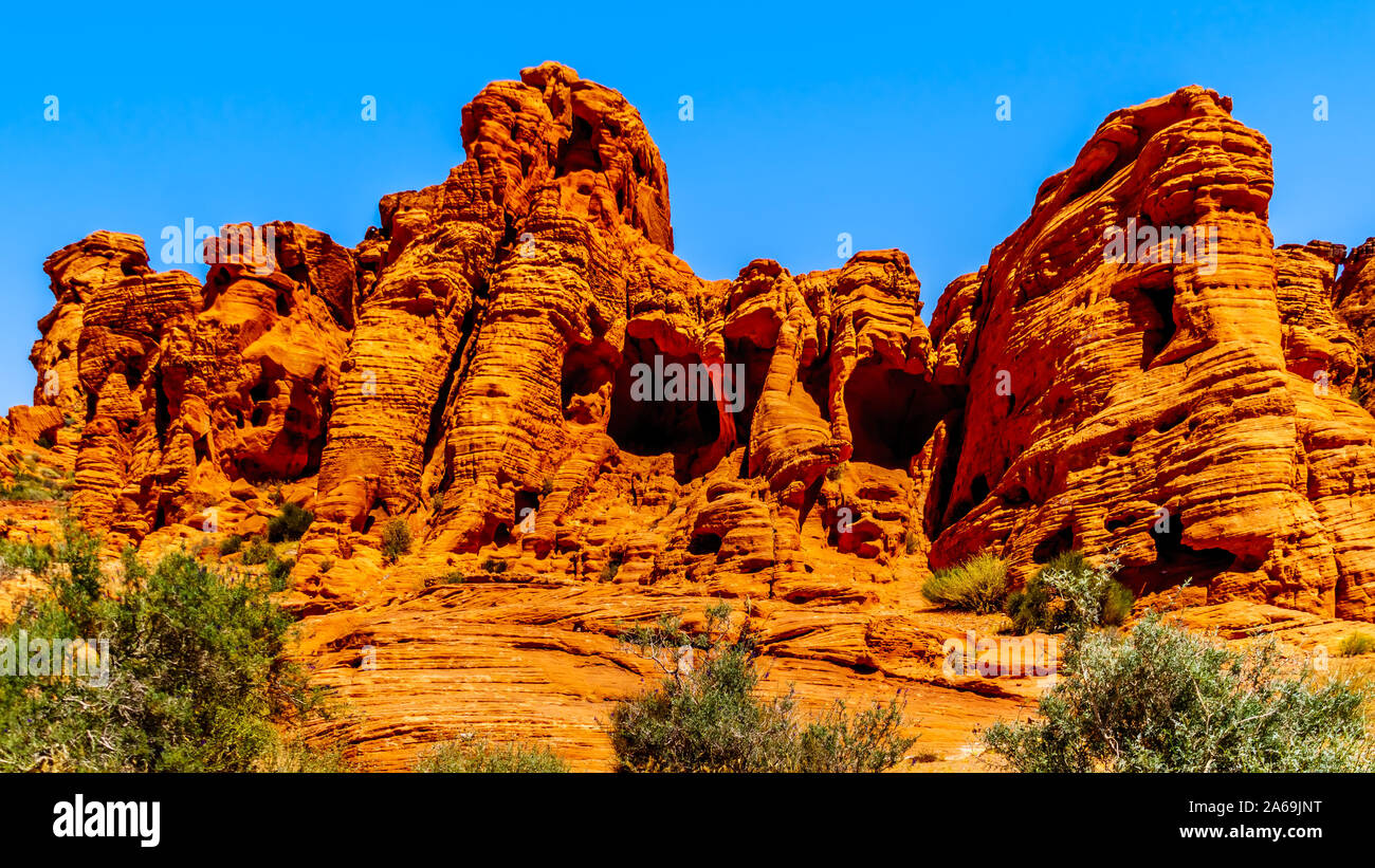 The erratic red Aztec Sandstone formation near the Arch Rock Campground ...