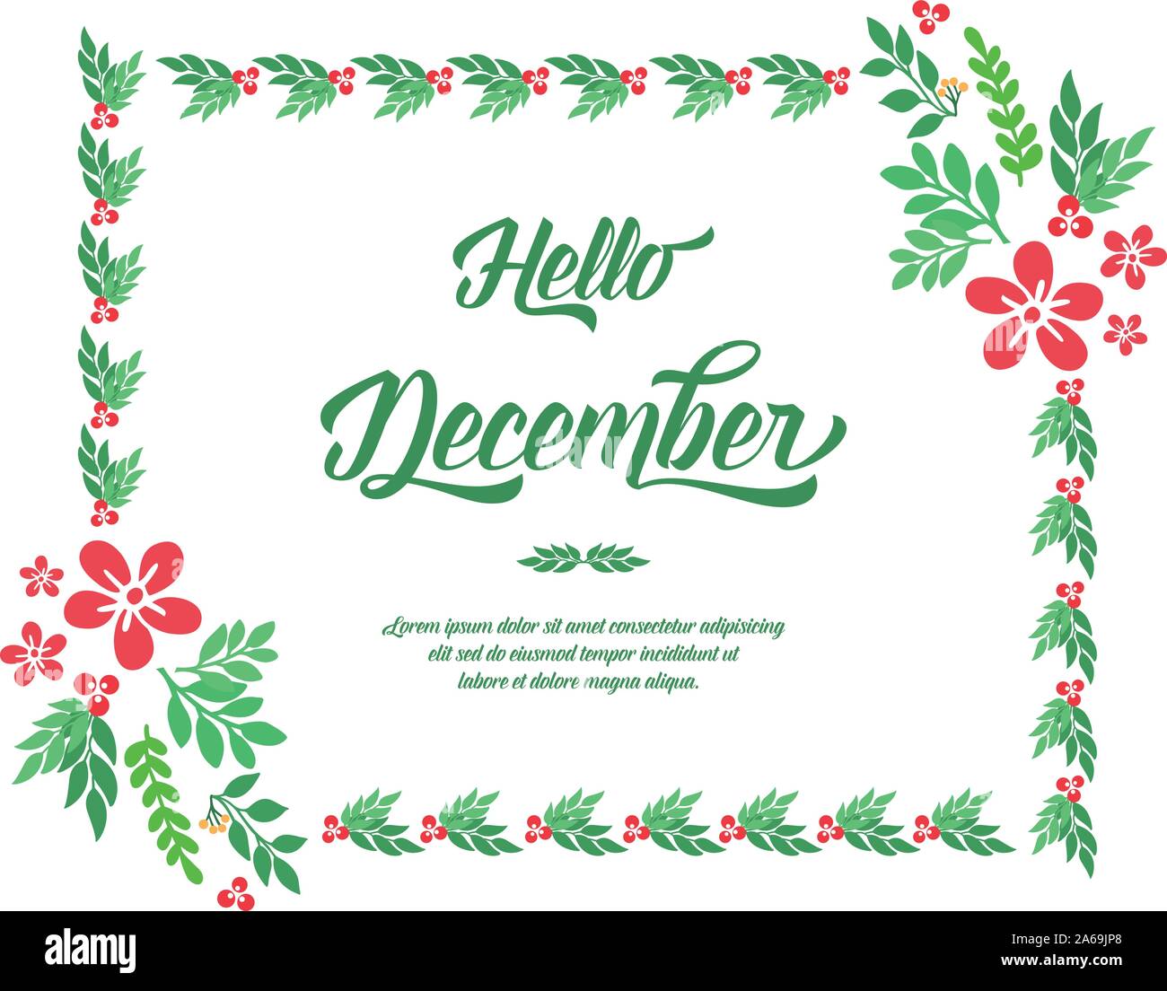 Template for poster hello december, with cute green leafy floral frame ...