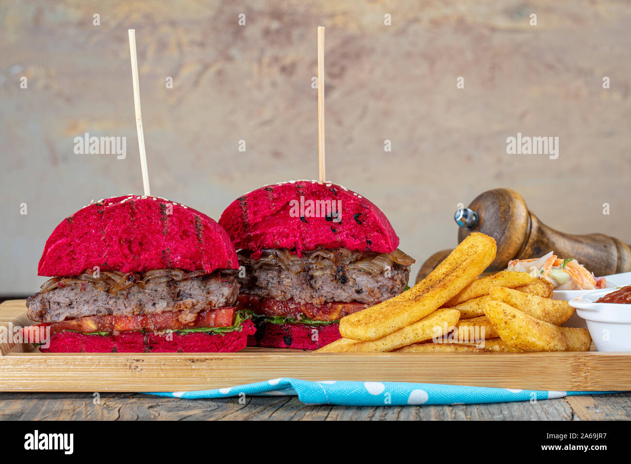 Red bread, burgers. American beefsteak burgers hamburgers pickles ...