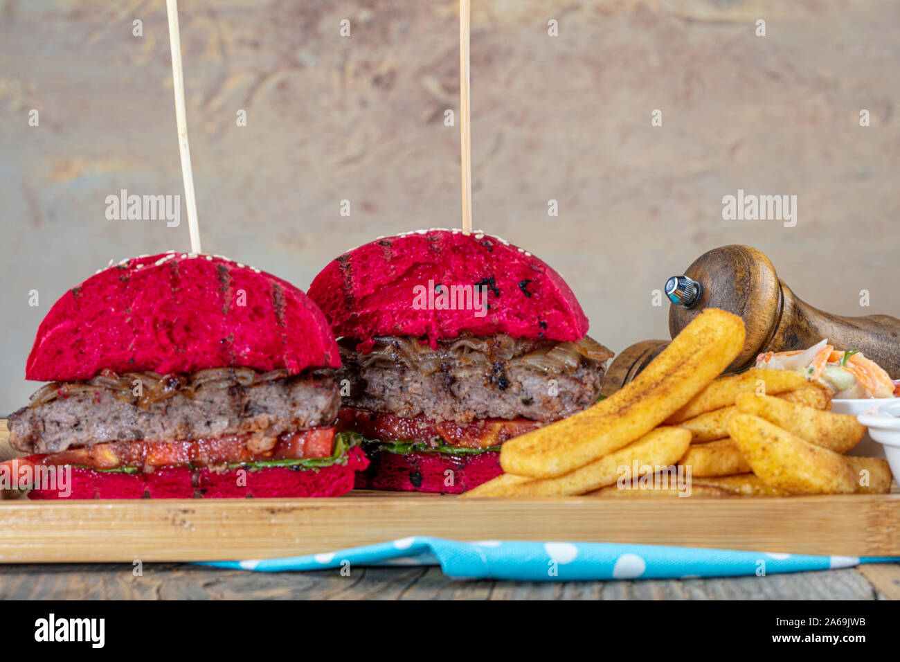 Red bread, burgers. American beefsteak burgers hamburgers pickles ...