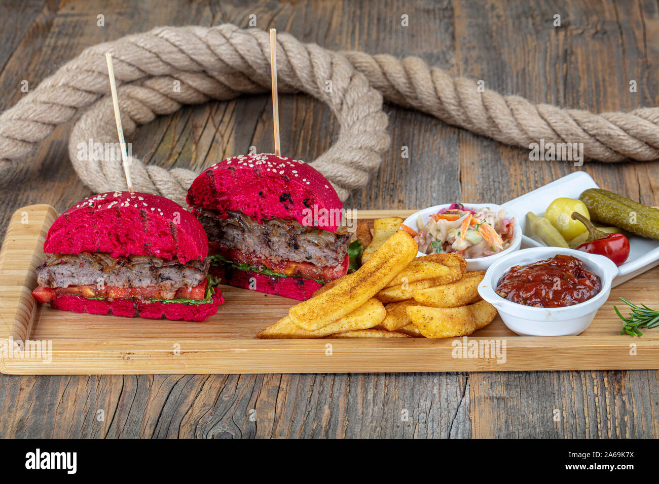Red bread, burgers. American beefsteak burgers hamburgers pickles ...