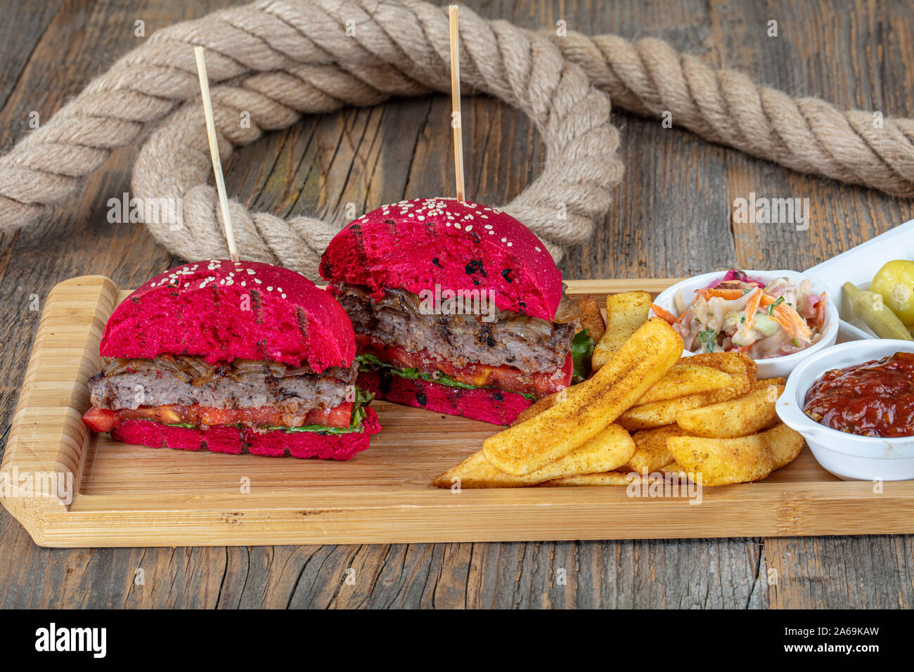 Red bread, burgers. American beefsteak burgers hamburgers pickles ...